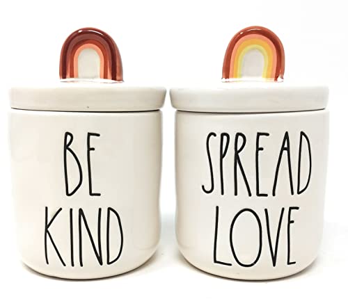 Rae Dunn by Magenta LL BE KIND and SPREAD LOVE Jar Set, Rainbow Handles, 4" tall x 2.75" wide each, Ceramic Jars, Bathroom, Bedroom, Make Up, Holder, Storage, Canister, Organizer