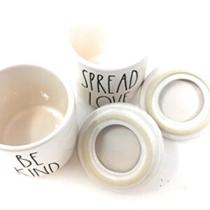 Rae Dunn by Magenta LL BE KIND and SPREAD LOVE Jar Set, Rainbow Handles, 4" tall x 2.75" wide each, Ceramic Jars, Bathroom, Bedroom, Make Up, Holder, Storage, Canister, Organizer