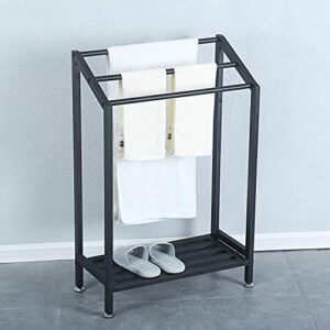 LENGEN Industrial Modern 3 Tier Metal Towel Bar Stand with Shelf for Bathroom, Free Standing Towel Rack,Indoor/Outdoor,Black