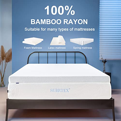 subrtex 3 Inch Mattress Topper Cover (Only Cover) Mattress Protector Bedding Bamboo Rayon Removable Mattress Encasement for Latex Cool Mattress Cover with Zipper with Adjustable Straps (Queen,White)