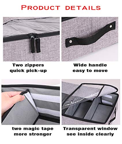 AARAINBOW 2 Packs Foldable Under Bed Clothes Organizer with Lids, Underbed Storage Container with Adjustable Dividers, UnderBed Storage Bins with Handles and Clear Window (Gray+Light Gray)