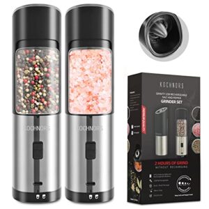 kochnors electric salt and pepper grinder set, large capacity up to 85ml usb rechargeable salt pepper grinder with 6-level adjustable coarseness, gravity automatic salt pepper grinder set for kitchen