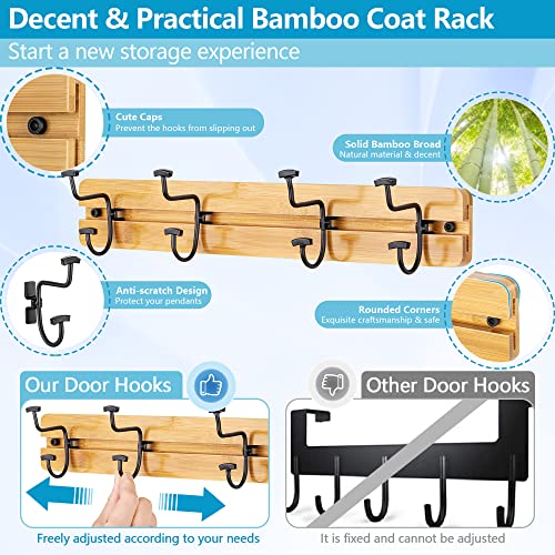 ETECHMART Over The Door Hooks Organizer, Door Hanger with 3 Mesh Baskets & Bamboo Coat Rack, Heavy Duty Towel Rack for Bathroom Kitchen Hanging Clothes Hats, Heavy Duty Back of Door Storage, Bamboo