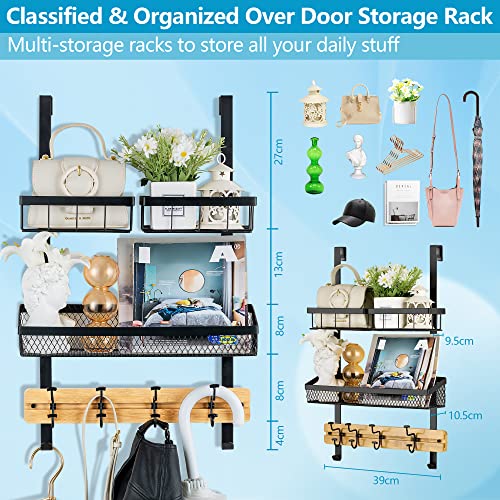 ETECHMART Over The Door Hooks Organizer, Door Hanger with 3 Mesh Baskets & Bamboo Coat Rack, Heavy Duty Towel Rack for Bathroom Kitchen Hanging Clothes Hats, Heavy Duty Back of Door Storage, Bamboo