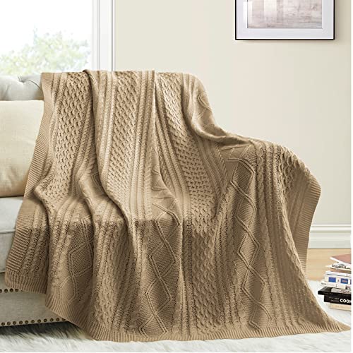 RUDONG M Taupe Cable Knit Throw Blanket, Textured Decorative Throw Blanket, Cozy Knitted Blanket for All Seasons, Lightweight Warm Soft Throw Blanket for Couch, Bed, Sofa 50 x 60 Inch