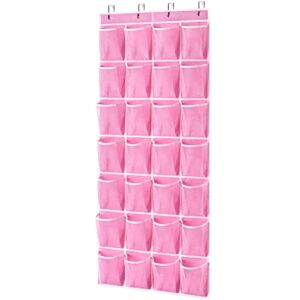 keepjoy 28 pockets hanging shoe organizer, over the door shoe organizer, hanging door shoe holder rack with mesh pockets large size 65 x 23 inch (pink-1pack)