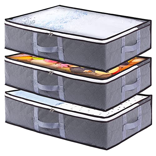 Under Bed Storage Containers, Underbed Storage Bags With Zipper Clear Window Non-Woven Organizer for Clothes Sweater Comforter Blanket Quilts Pillow Toy 40L Grey 3 Pack