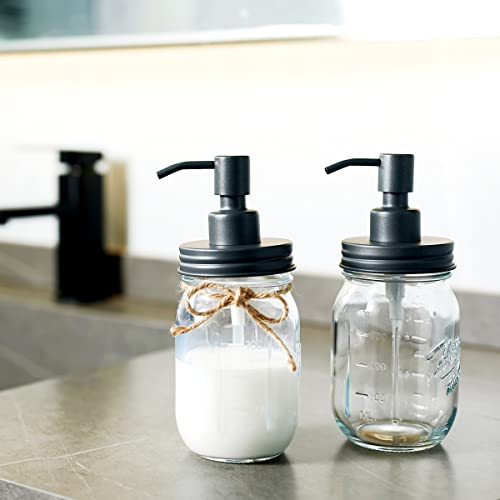 4 Pc Black Apothecary Jars Bathroom Storage Organizer - Cute Qtip Holder Vanity Canister & 2 Pcs Mason Jar Soap Dispensers -Rustproof Stainless Steel Lid &Pump, Refillable Hand Soap for Bathroom, Grey