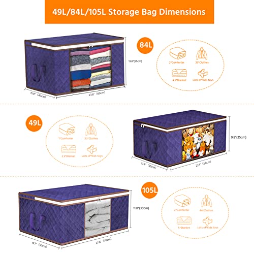 Closet Organizers and Storage, Collapsible Storage Bins, Under Bed Storage Containers with Clear Window, Reinforced Handles, Thick Fabric for Clothing, Comforter, Bedding, Sweater, Pillow, Blanket Storage Bags 6 Pack (Navy Blue) Contains 49L/84L/105L