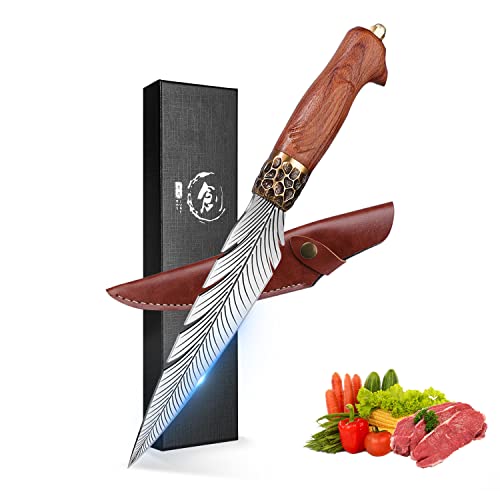 ROCOCO Feather Viking Knife Japanese Forged in Fire Boning Knife Fancy Kitchen Cleaver with Sheath Outdoor Camping BBQ Collection Birthday Christmas Father's Mother's Day Gift 7"