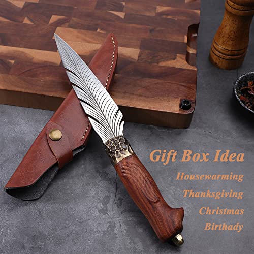 ROCOCO Feather Viking Knife Japanese Forged in Fire Boning Knife Fancy Kitchen Cleaver with Sheath Outdoor Camping BBQ Collection Birthday Christmas Father's Mother's Day Gift 7"