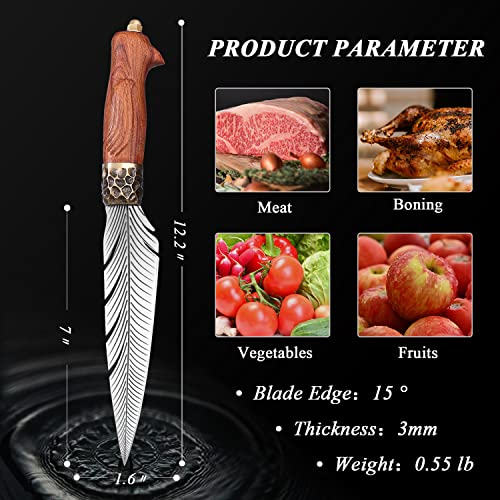 ROCOCO Feather Viking Knife Japanese Forged in Fire Boning Knife Fancy Kitchen Cleaver with Sheath Outdoor Camping BBQ Collection Birthday Christmas Father's Mother's Day Gift 7"