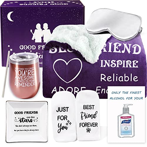 Best Friend Purple Gift Basket, Super Soft Fleece Throw, Best Friend Birthday Gifts for Women, Friendship Gifts Box for Teen Girl, BFF, Inspirational Blanket Gifts Set for Women, 7-Pieces Gift Basket