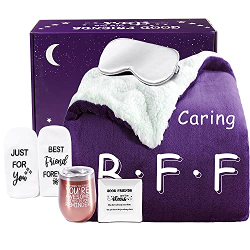 Best Friend Purple Gift Basket, Super Soft Fleece Throw, Best Friend Birthday Gifts for Women, Friendship Gifts Box for Teen Girl, BFF, Inspirational Blanket Gifts Set for Women, 7-Pieces Gift Basket