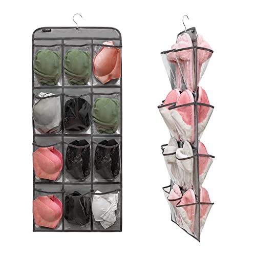 ANZORG Dual Sided Hanging Shoe Organizer for Closet with Rotating Hanger Hanging Shoe Rack Holder with 24 Large Pockets (GREY-Clear Pockets)