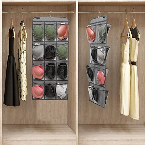 ANZORG Dual Sided Hanging Shoe Organizer for Closet with Rotating Hanger Hanging Shoe Rack Holder with 24 Large Pockets (GREY-Clear Pockets)