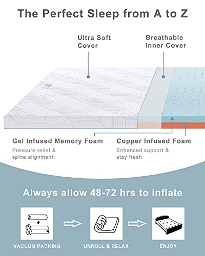 BedStory 4 Inch Memory Foam Mattress Topper Queen, Gel & Copper Infused Bed Toppers, Medium Firm Foam Mattress Pad with Breathable Removable Cover