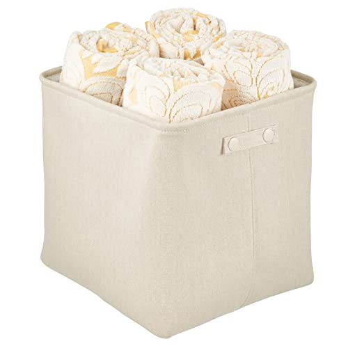 mDesign Soft Cotton Fabric Bathroom Storage Bin and Handles - Organizer for Towels, Toilet Paper Rolls - for Closets, Cabinets, Shelves - Textured Weave - Cream/Beige