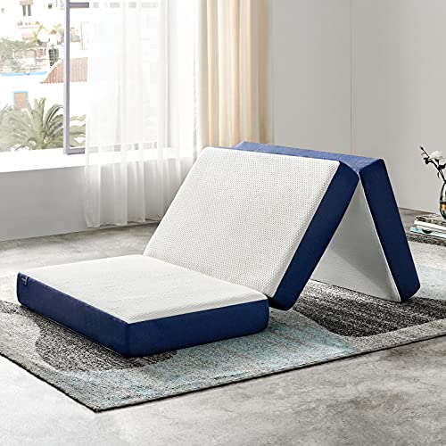 JINGWEI Folding Mattress, Tri-fold Memory Foam Mattress Topper with Washable Cover, 6-Inch, Twin Size, Play Mat, Foldable Bed, Guest beds, Camp Portable Bed, 38"*75"*6"