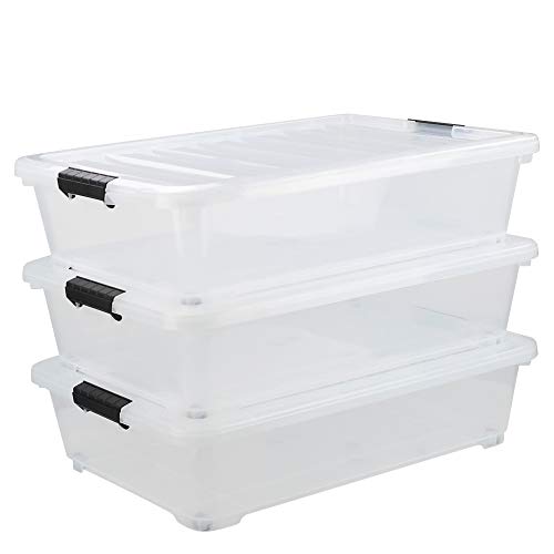 Asking 40 Quart Plastic Wheels Under Bed Storage Box, Latch Bin with Lid, Clear, 3-Pack