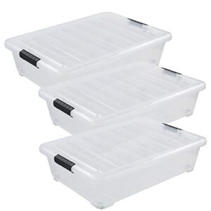 Asking 40 Quart Plastic Wheels Under Bed Storage Box, Latch Bin with Lid, Clear, 3-Pack