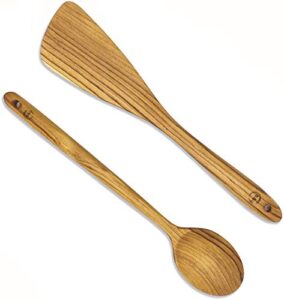 faay 12.5 inch wood utensil set (2 pcs), teak wooden spatula & spoon, 100% natural from high moist resistance teak wood, healthy wooden spoon spatula for non stick cookware