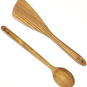 FAAY 12.5 Inch Wood Utensil Set (2 PCS), Teak Wooden Spatula & Spoon, 100% Natural from High Moist Resistance Teak Wood, Healthy Wooden Spoon Spatula for Non Stick Cookware