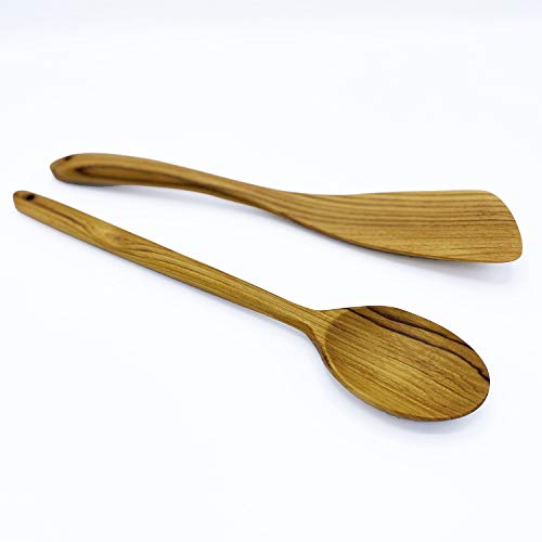 FAAY 12.5 Inch Wood Utensil Set (2 PCS), Teak Wooden Spatula & Spoon, 100% Natural from High Moist Resistance Teak Wood, Healthy Wooden Spoon Spatula for Non Stick Cookware