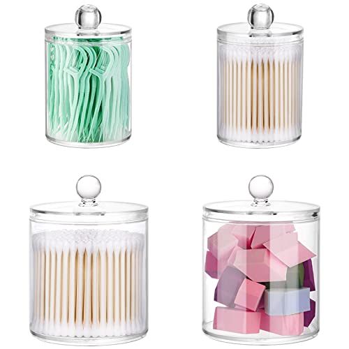 Qtip Holder Storage Organizer Set, 4 Pcs Clear Plastic Apothecary Jar with Lid, Bathroom Organizer Canister for Cotton Ball, Cotton Swab, Cotton Round Pads, Floss, Bath Bombs, Spa Salts, Powder Puffs