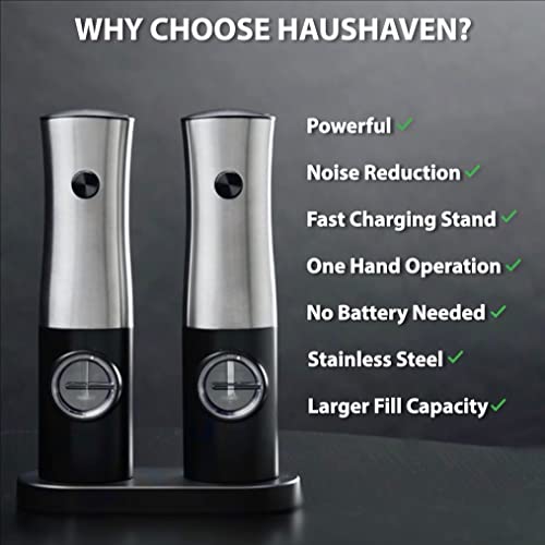 HausHaven Electric Salt and Pepper Grinder Set Rechageable with Stand - Best Kitchen Gadgets, Spice Mill Grinders, Automatic Recharging Base, One-Hand Operation, Refillable, Great Housewarming Gift