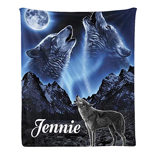 Custom Blanket with Name Text,Personalized Wolfs at Night Super Soft Fleece Throw Blanket for Couch Sofa Bed (50 X 60 inches)