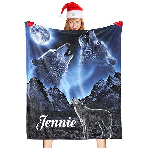 Custom Blanket with Name Text,Personalized Wolfs at Night Super Soft Fleece Throw Blanket for Couch Sofa Bed (50 X 60 inches)