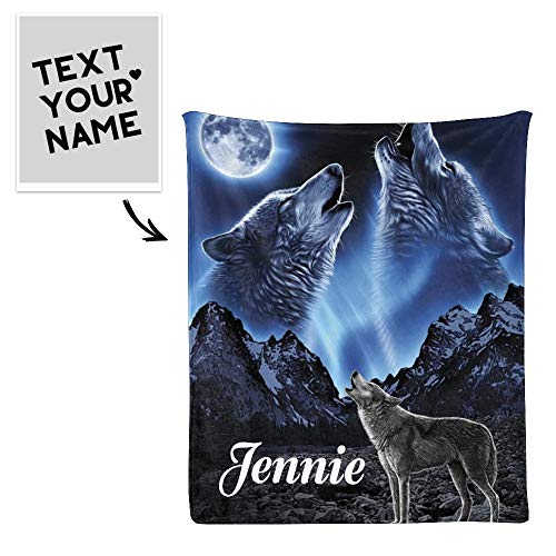 Custom Blanket with Name Text,Personalized Wolfs at Night Super Soft Fleece Throw Blanket for Couch Sofa Bed (50 X 60 inches)