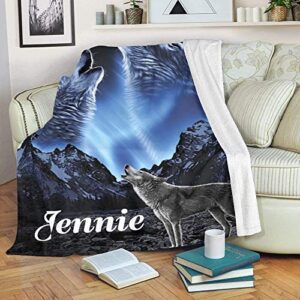 Custom Blanket with Name Text,Personalized Wolfs at Night Super Soft Fleece Throw Blanket for Couch Sofa Bed (50 X 60 inches)