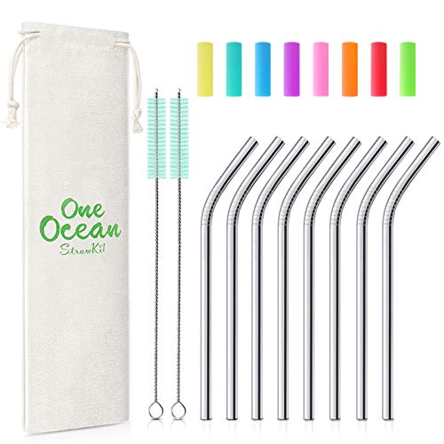 Teivio 8 Pack Short Stainless Steel Straws 6 inch Bent Metal Reusable Straws with Silicone Tips and Case, Cleaning Brush and Carry Bag for Cocktail Glasses, Small Cups