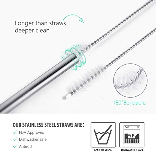 Teivio 8 Pack Short Stainless Steel Straws 6 inch Bent Metal Reusable Straws with Silicone Tips and Case, Cleaning Brush and Carry Bag for Cocktail Glasses, Small Cups