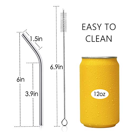 Teivio 8 Pack Short Stainless Steel Straws 6 inch Bent Metal Reusable Straws with Silicone Tips and Case, Cleaning Brush and Carry Bag for Cocktail Glasses, Small Cups