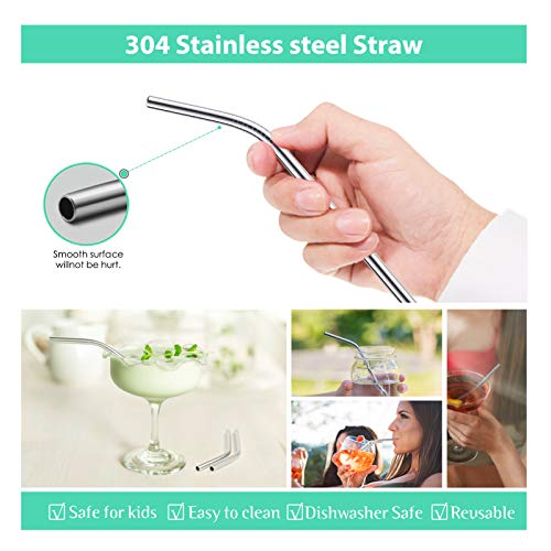 Teivio 8 Pack Short Stainless Steel Straws 6 inch Bent Metal Reusable Straws with Silicone Tips and Case, Cleaning Brush and Carry Bag for Cocktail Glasses, Small Cups