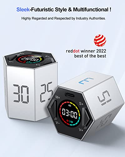 Ticktime Pomodoro Timer, Productivity Timer Cube, Hexagon Magnetic Flip Focus Timer, Mute & Adjustable Sound Alert, for Work, Office, ADHD, Study, Task, 3/5/10/15/25/30min & Custom Countdown - Gray