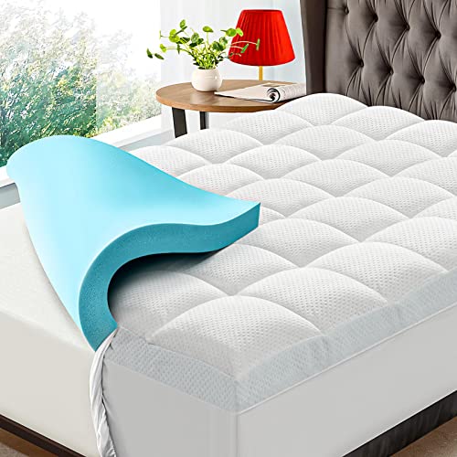 HYLEORY Dual Layer 4 Inch Memory Foam Mattress Topper Queen Size, Breathable & Medium Support, 2 Inch Cooling Gel Memory Foam & 2 Inch Bamboo Pillow Top Mattress Pad Cover for Back Pain