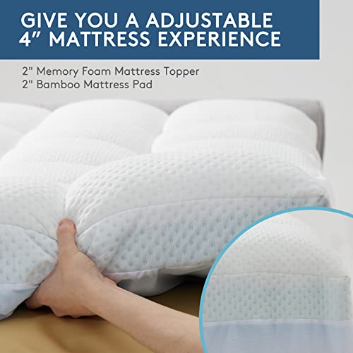 HYLEORY Dual Layer 4 Inch Memory Foam Mattress Topper Queen Size, Breathable & Medium Support, 2 Inch Cooling Gel Memory Foam & 2 Inch Bamboo Pillow Top Mattress Pad Cover for Back Pain