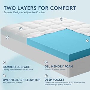 HYLEORY Dual Layer 4 Inch Memory Foam Mattress Topper Queen Size, Breathable & Medium Support, 2 Inch Cooling Gel Memory Foam & 2 Inch Bamboo Pillow Top Mattress Pad Cover for Back Pain