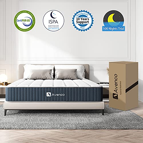 Avenco Queen Mattress, Queen Size Mattress, 10 Inch Hybrid Queen Mattress in a Box, Innerspring & Comfort Foam with Anti-Pilling Fabric, Medium Firm, Back Pain Relief, CertiPUR-US, 10 Years Support