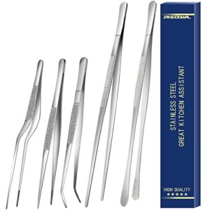 5 pcs kitchen fine tweezer tongs, stainless steel food tweezers set, professional kitchen long tweezer for cooking,repairing,sea food,bbq,multi-use(12"and 6.3")