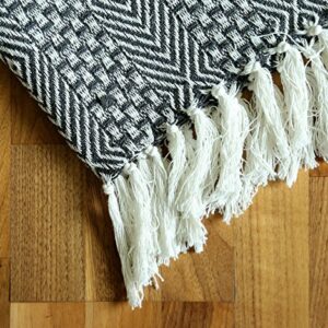 RAJRANG BRINGING RAJASTHAN TO YOU Cotton Farmhouse Throw - 50x60 Inches - Woven Knitted Blanket with Decorative Tassel for Sofa and Couch Charcoal Grey