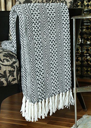 RAJRANG BRINGING RAJASTHAN TO YOU Cotton Farmhouse Throw - 50x60 Inches - Woven Knitted Blanket with Decorative Tassel for Sofa and Couch Charcoal Grey