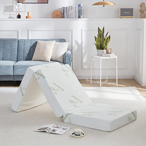 SINWEEK Memory Foam Folding Mattress with Storage Bag, 4 Inch Foldable Mattress Trifold Mattress Topper, CertiPUR-US Certified Floor Mattress Guest Bed with Bamboo Cover &Waterproof Lining