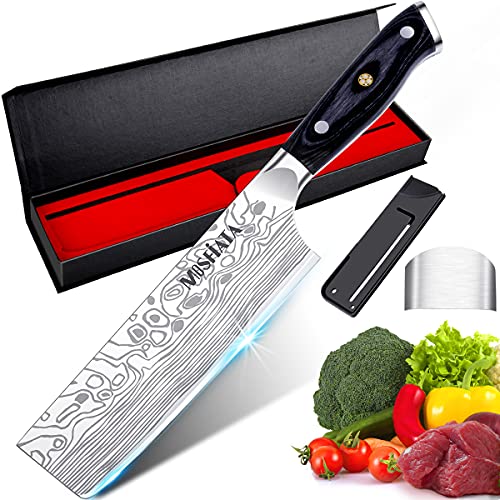 MOSFiATA 7” Nakiri Chef's Knife with Finger Guard and Blade Guard in Gift Box, German High Carbon Stainless Steel EN1.4116 Nakiri Vegetable Knife, Multipurpose Kitchen Knife with Micarta Handle