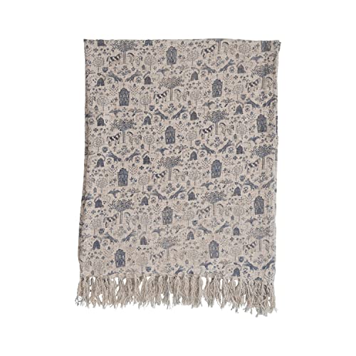 Creative Co-Op Cotton Slub Pattern and Fringe Blanket Throw, Single, Blue/Cream