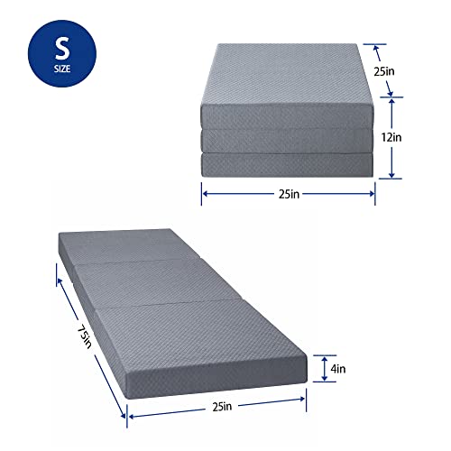 Olee Sleep Tri-Folding Memory Foam Topper, 4 inch, Grey, Narrow Twin, Play Mat, Foldable bed, Guest bed, Portable bed